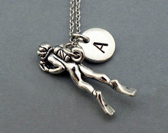 Diver Necklace, Scuba Diving, Antique Silver, Initial Necklace, Initial ...