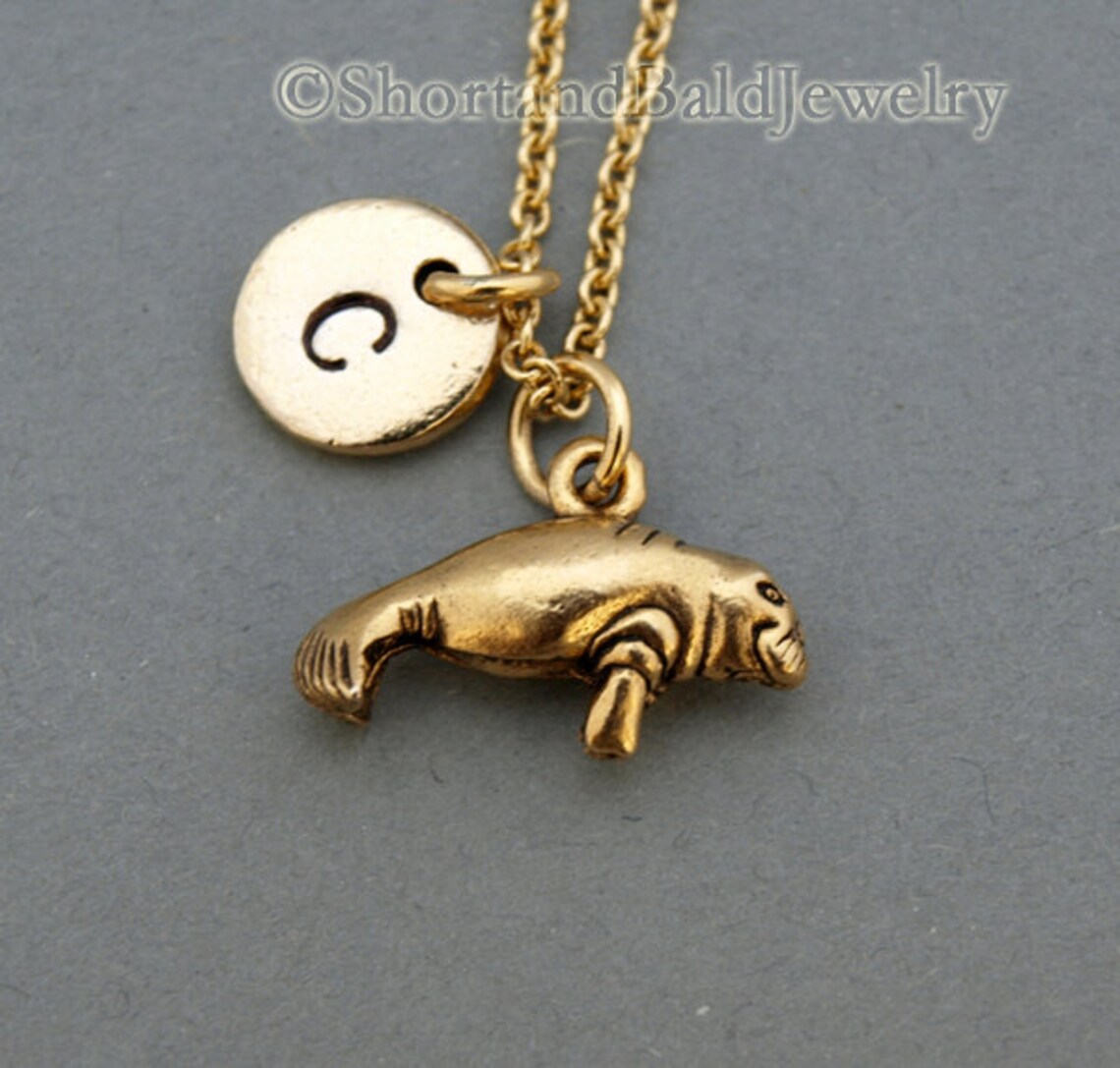 Manatee Charm Necklace Antique Gold Initial Necklace | Etsy