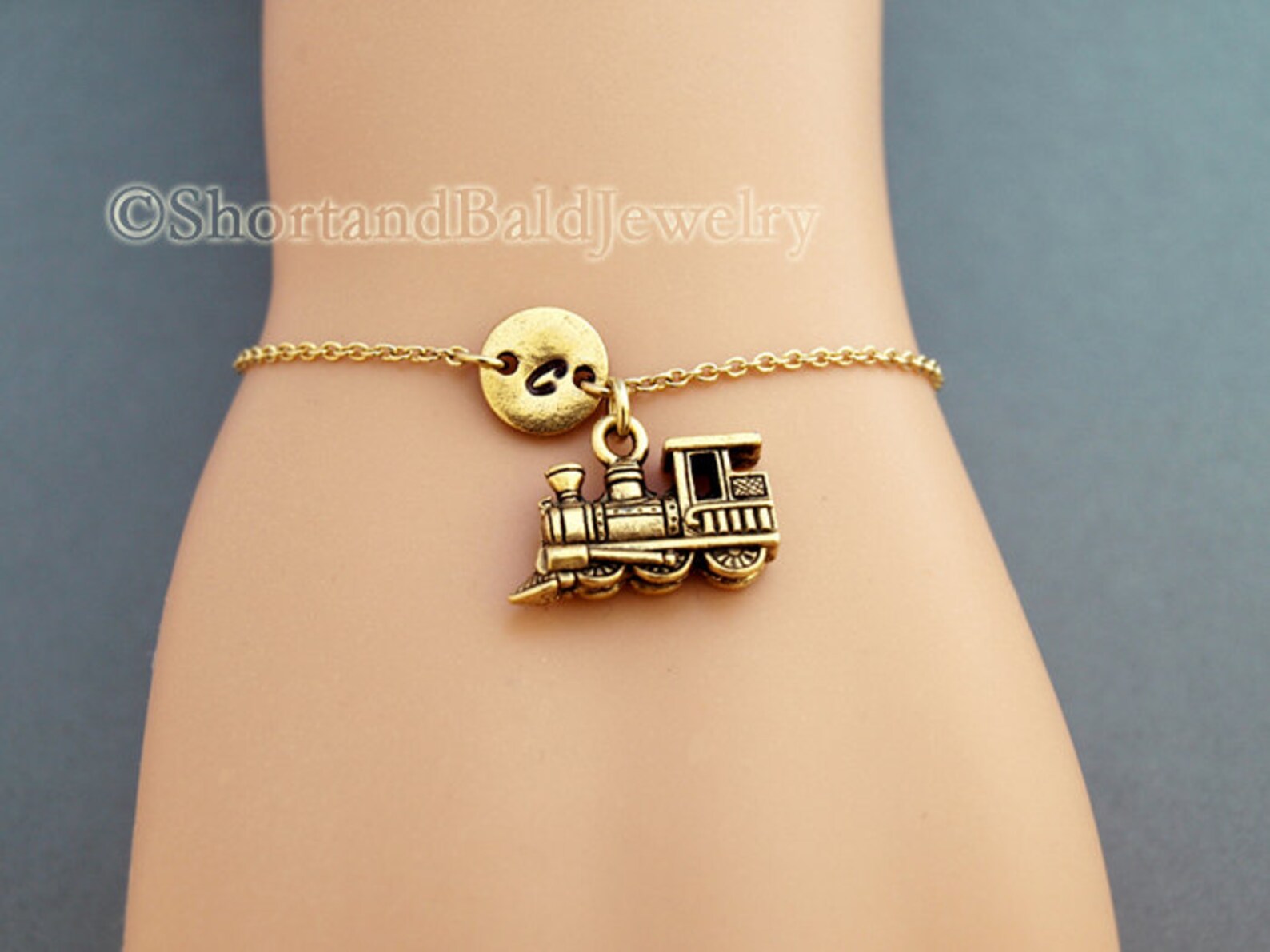 Steam Train Charm Bracelet, Steam Engine, Antique Gold, Initial ...