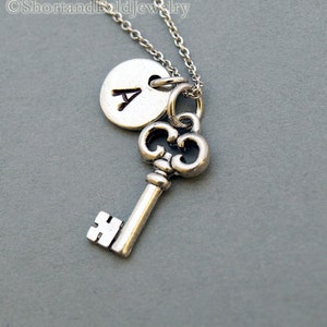 Small Key Necklace, Antique Key Necklace, Initial Necklace, Initial ...