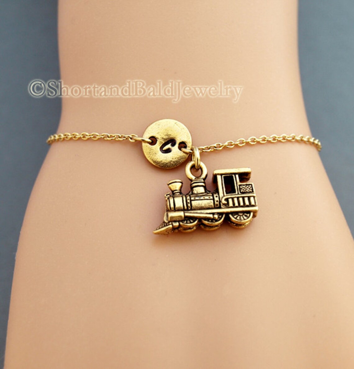 Steam Train Charm Bracelet, Steam Engine, Antique Gold, Initial ...