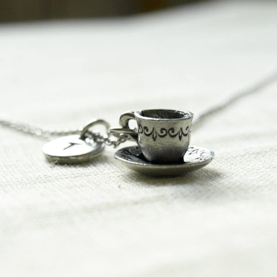 Tea Cup and Saucer Necklace, Tea Cup Necklace, Coffee Cup, Initial ...