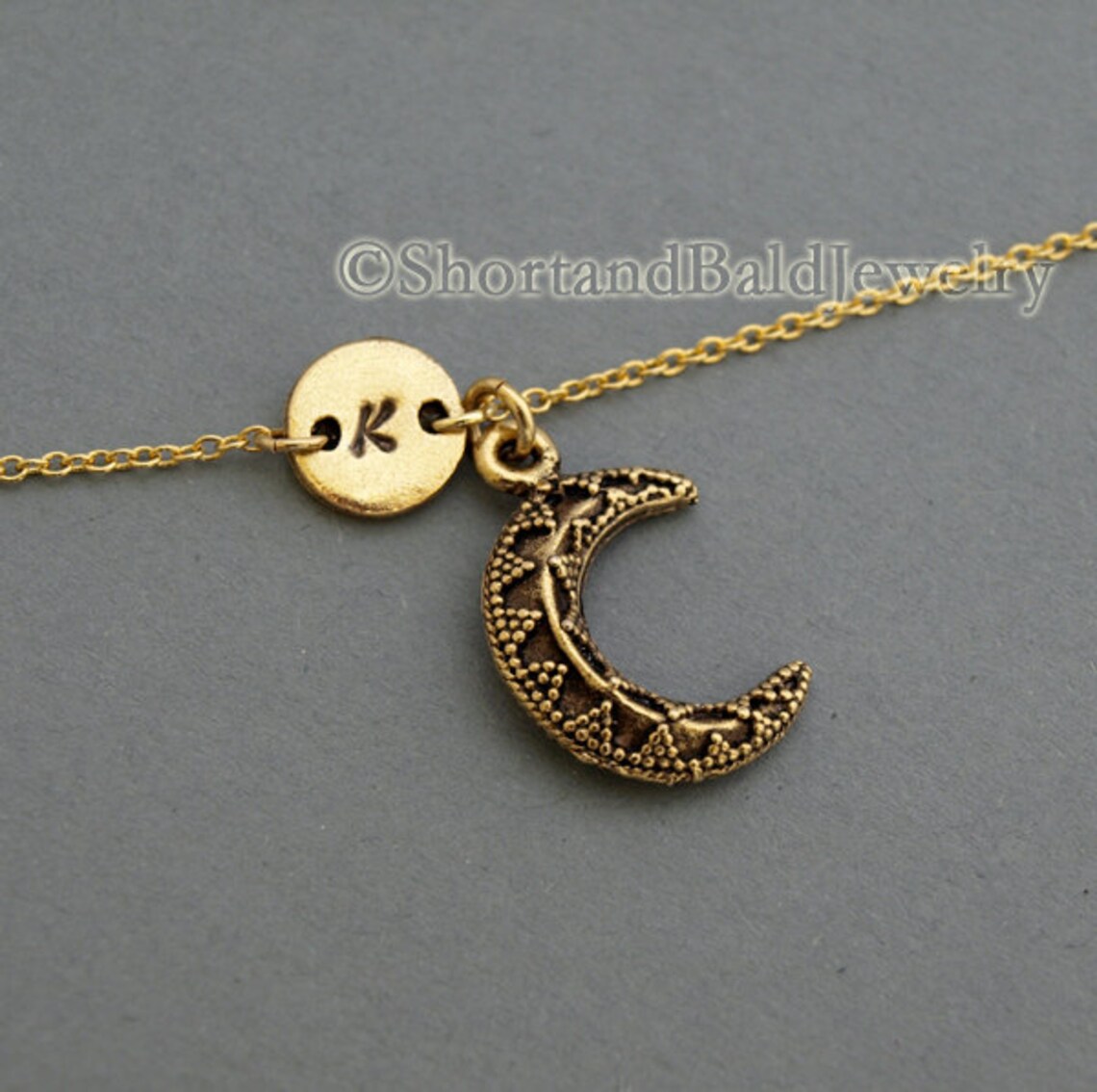 Crescent Moon Charm Bracelet Antique Gold Initial Bracelet - Etsy