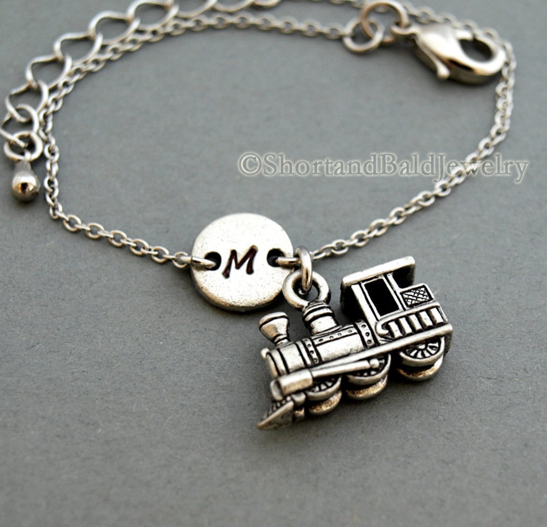 Steam Train Charm Bracelet, Steam Engine, Antique Silver, Initial ...