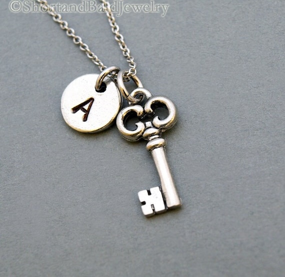 Small Key Necklace Antique Key Necklace Initial Necklace Initial Hand Stamped Personalized Antique Silver Monogram Etsy