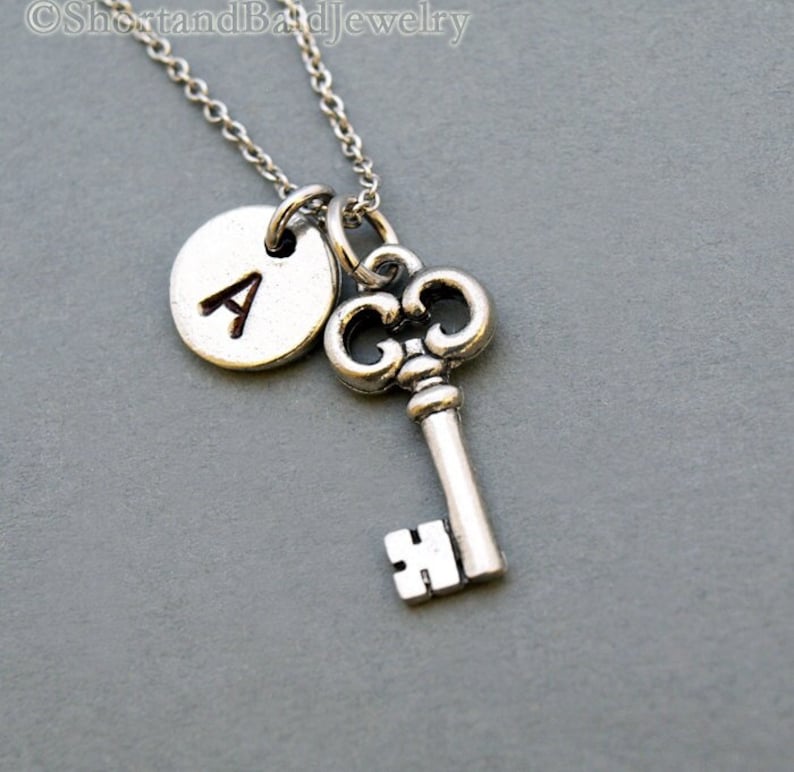 Small Key Necklace, Antique Key Necklace, Initial Necklace, Initial ...