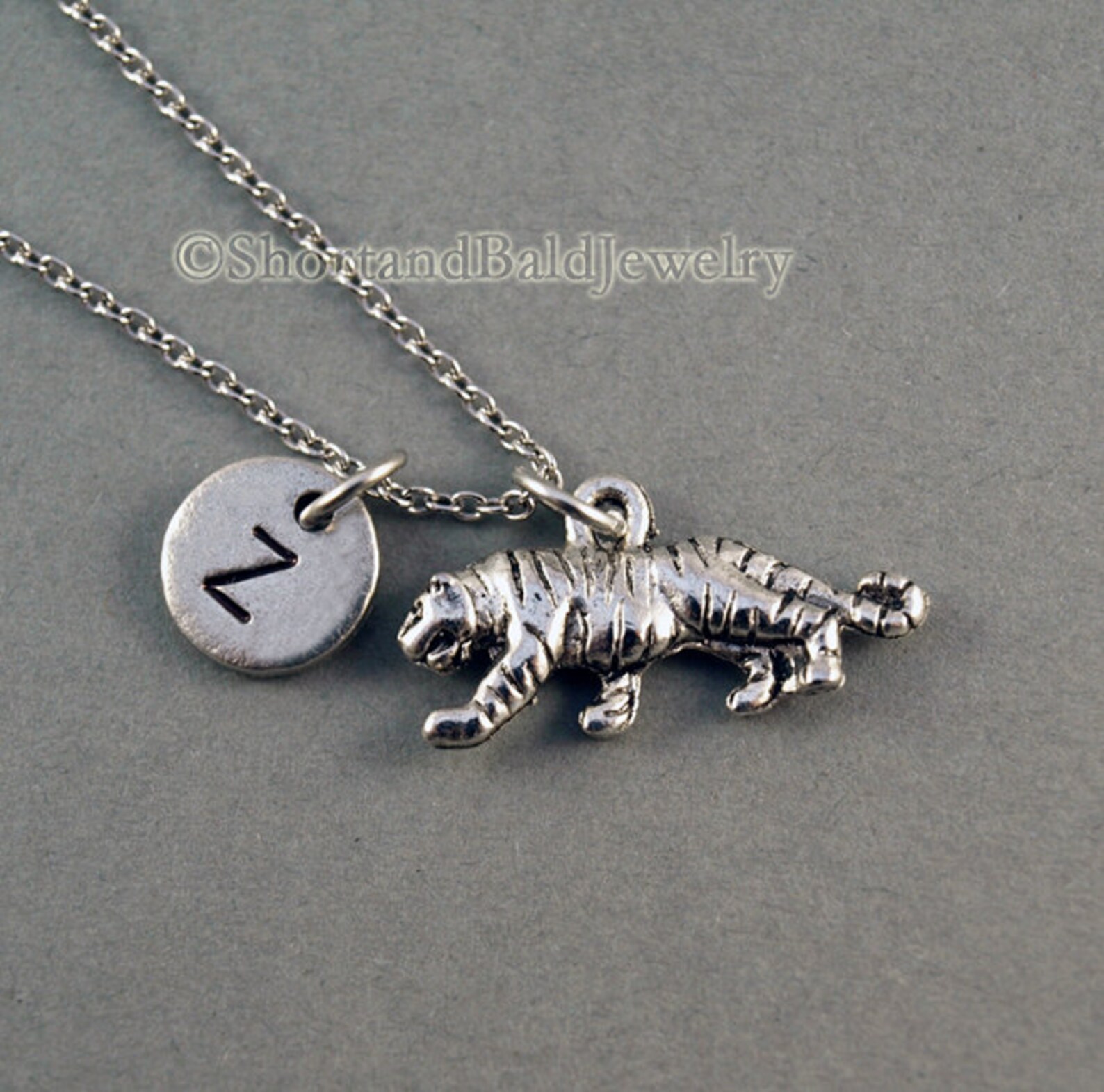 Tiger Necklace, Tiger in Antique Silver,, Initial Necklace, Initial ...