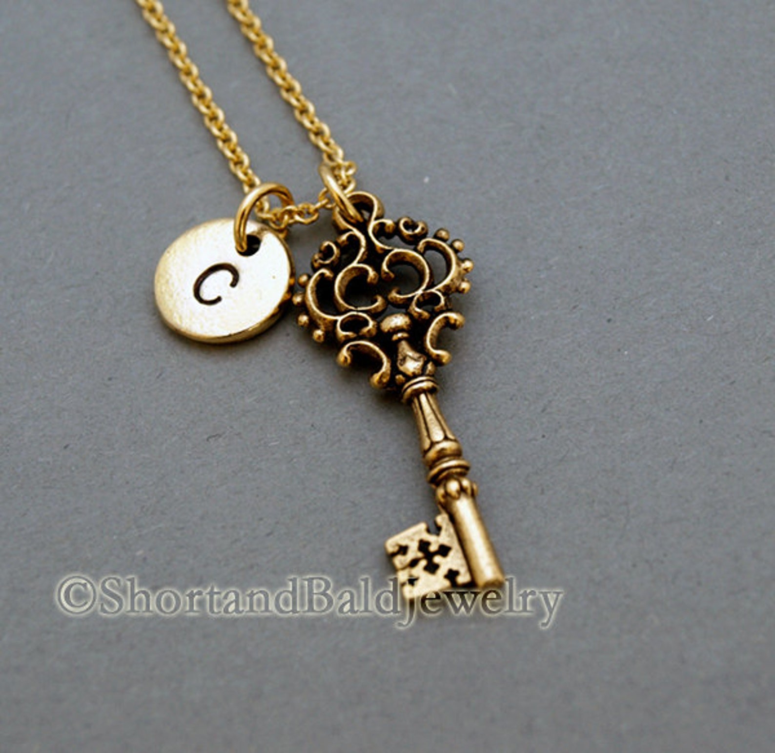 Antique Key Charm Antique Key Necklace Antique Gold Initial - Etsy