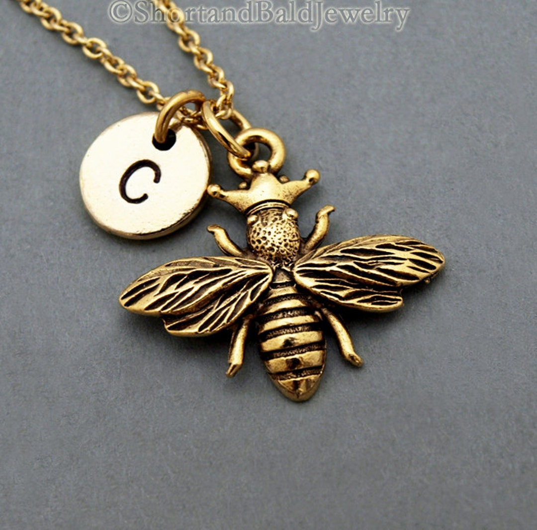 Queen Bee Charm Necklace, Honey Bee Charm, Antique Gold, Initial ...