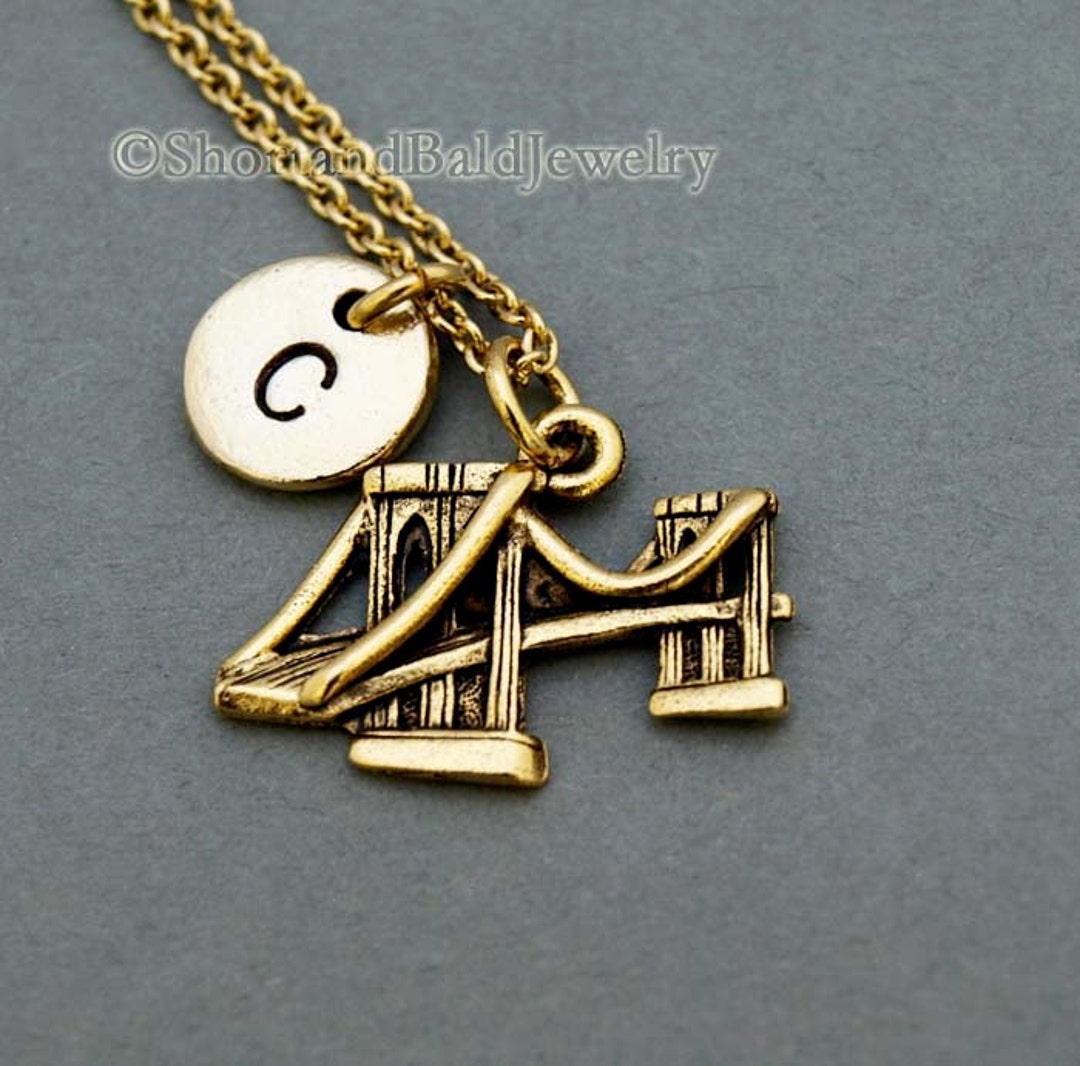 The Brooklyn Bridge Necklace, New York Bridge, Antique Gold, Initial ...