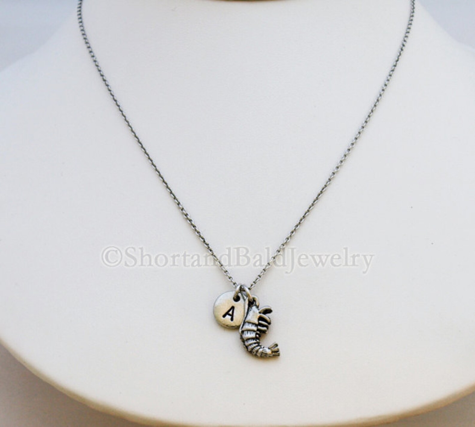 Shrimp Charm Necklace, Shrimp Necklace, Initial Necklace, Initial Hand ...