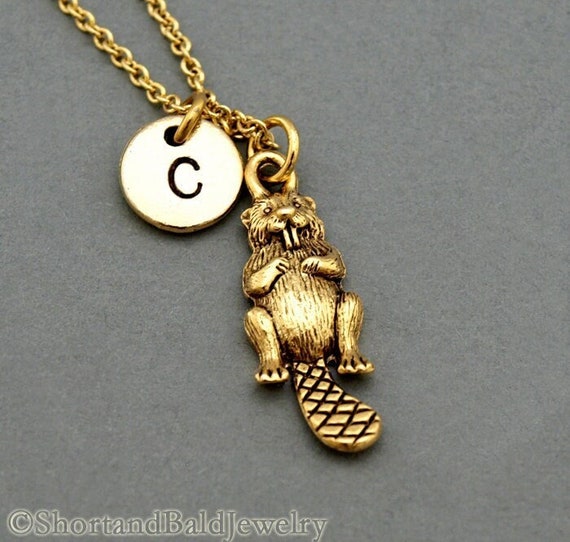 Beaver Necklace Beaver Charm Antique Gold Initial Necklace | Etsy