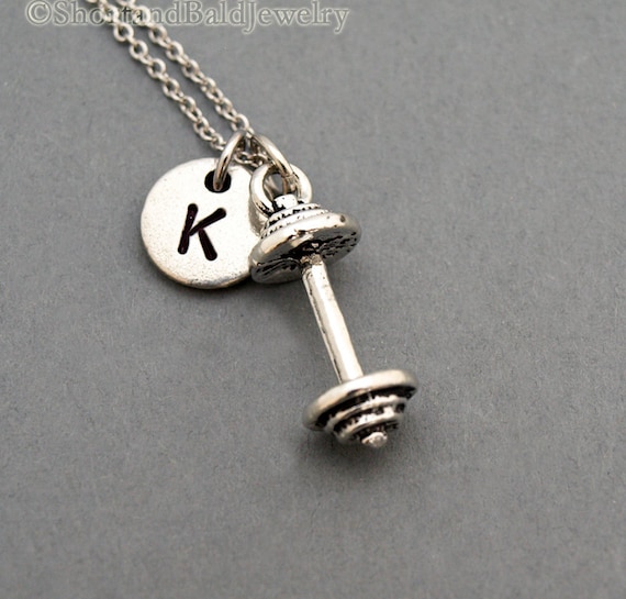 Barbell Necklace Barbell Charm Fitness Weightlifting Antique Silver Initial Necklace Initial Hand Stamped Personalized Monogram Etsy
