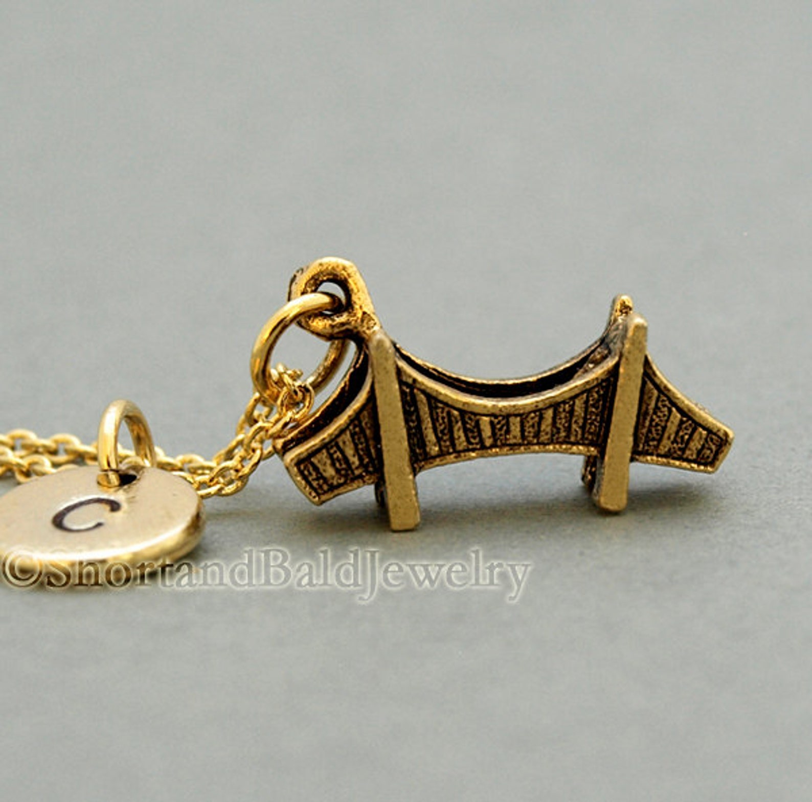 Golden Gate Bridge Necklace, San Francisco Charm, Antique Gold, Initial ...