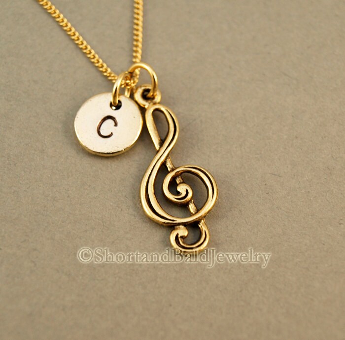 Soprano Clef Necklace, Antique Gold, Initial Necklace, Initial Hand ...