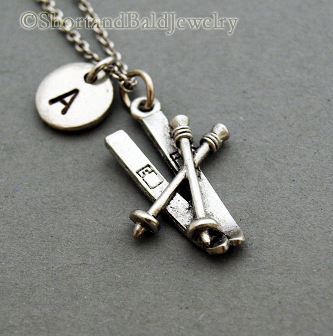 Skis Charm Necklace, Skiing Charm, Initial Necklace, Initial Hand ...
