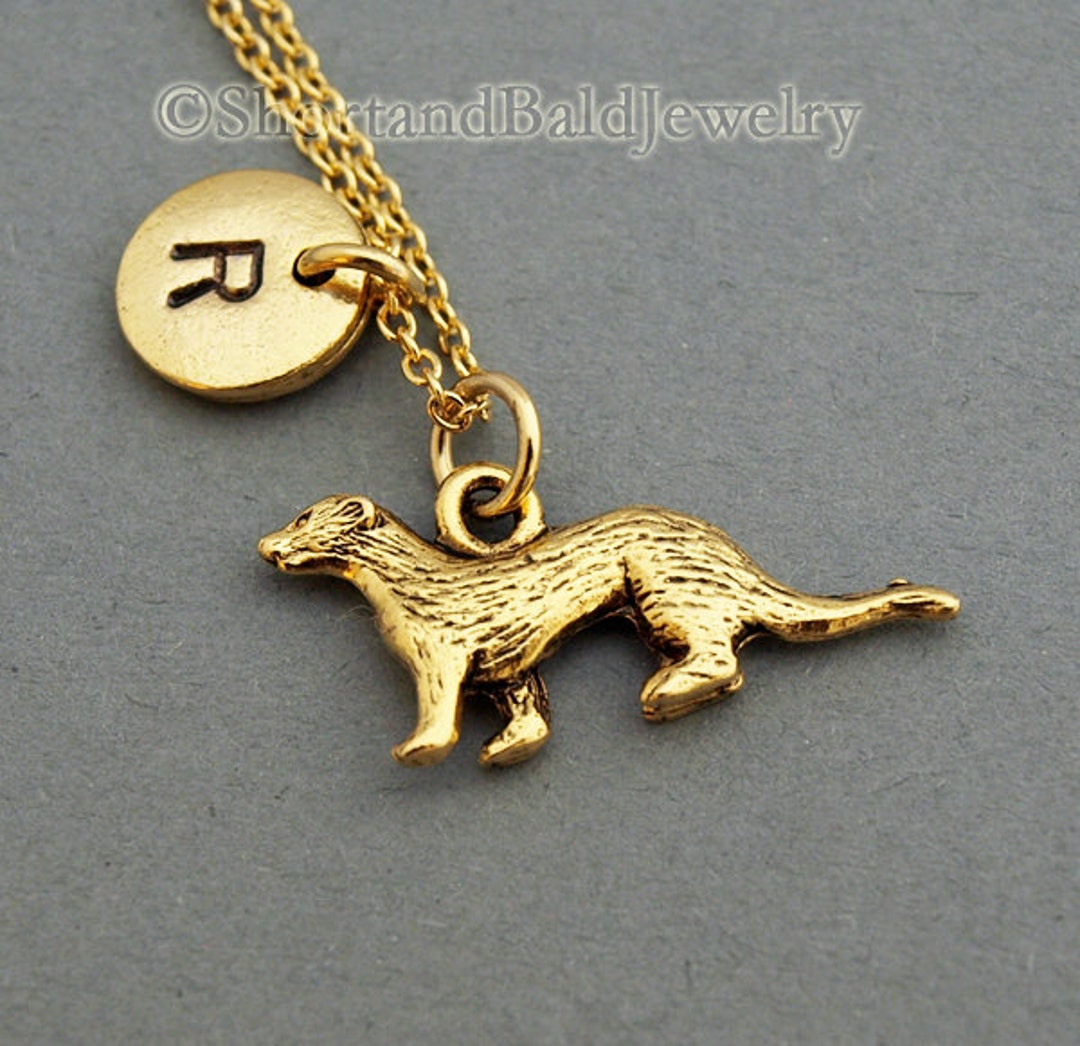 Ferret Charm Necklace Antique Gold Initial Necklace Initial - Etsy