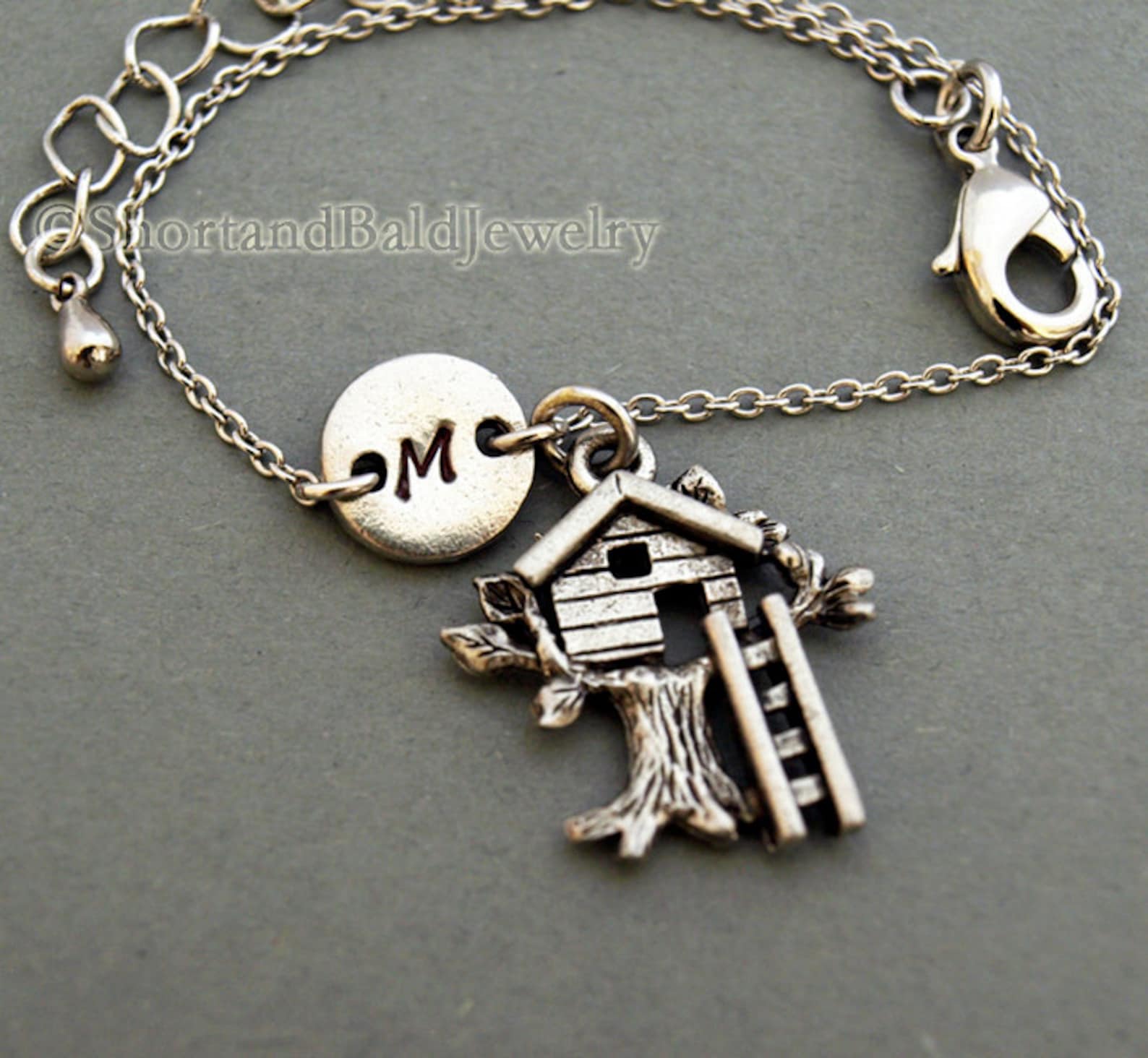 Tree House Charm Bracelet, Tree House, Antique Silver, Initial Bracelet ...