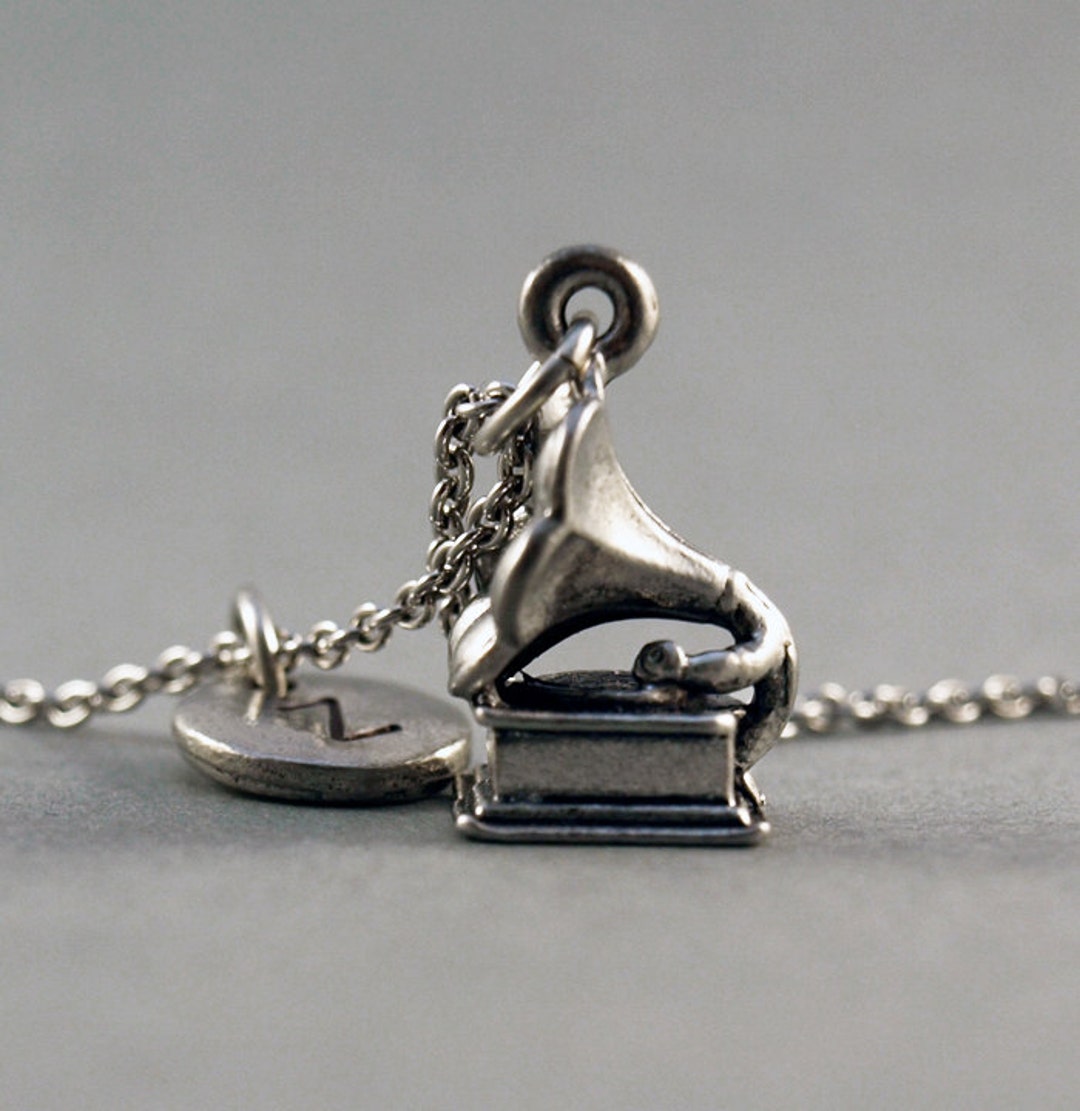 Phonograph Necklace, Gramophone Necklace, Antique Silver, Initial ...