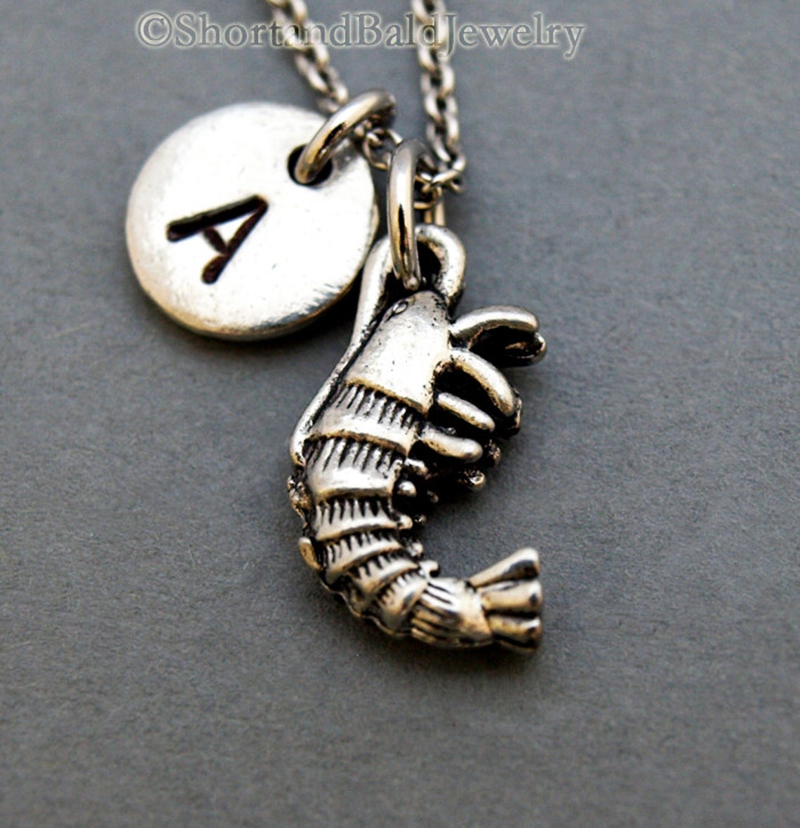 Shrimp Charm Necklace, Shrimp Necklace, Initial Necklace, Initial Hand ...