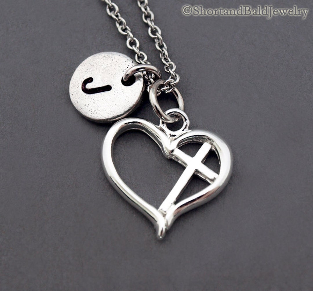 Heart Cross Necklace, Open Heart, Cross Charm, Eternity Heart, Initial ...