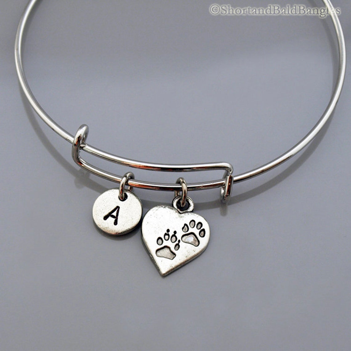 Dog Paw Print Bangle, Paw Bracelet, Dog Paw Heart, Expandable Bangle ...
