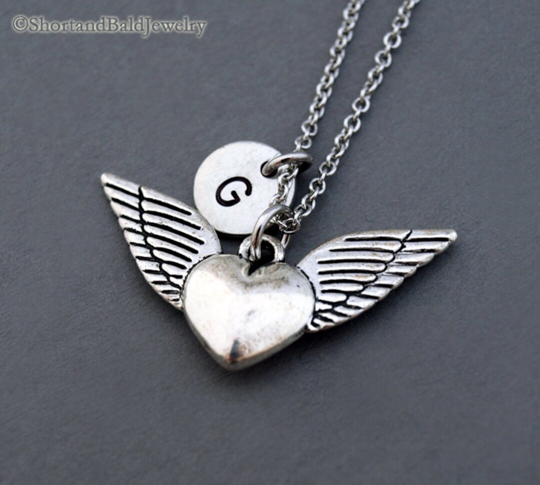 Winged Heart Necklace, Angel Wings Heart, Heart Necklace, Initial ...