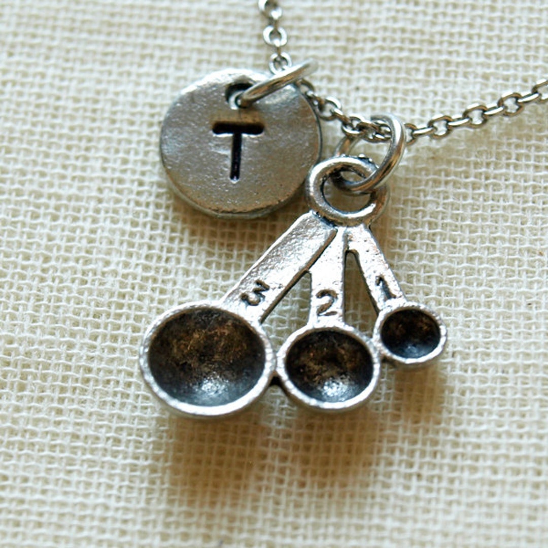 Measuring Spoons Charm Necklace, Initial Necklace, Initial Hand Stamped ...