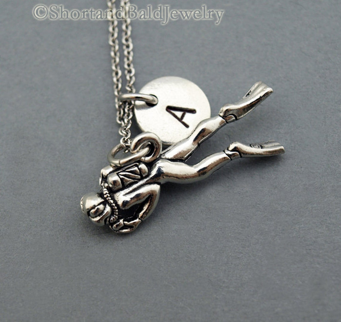Diver Necklace, Scuba Diving, Antique Silver, Initial Necklace, Initial ...