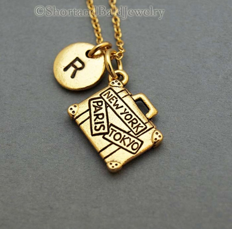 Suitcase Necklace, Suitcase Charm, Luggage Charm, Antique Gold, Initial ...