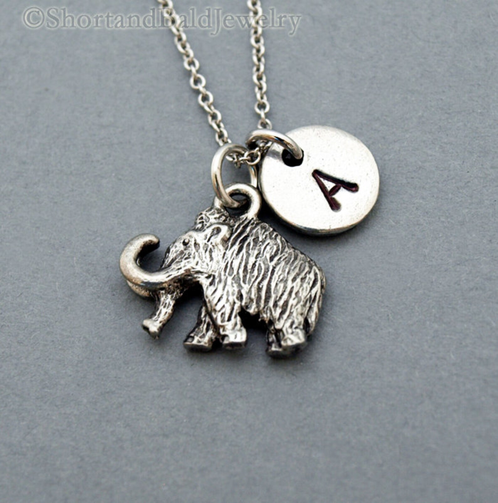 Mammoth Charm Necklace, Woolly Mammoth, Initial Necklace, Initial Hand ...