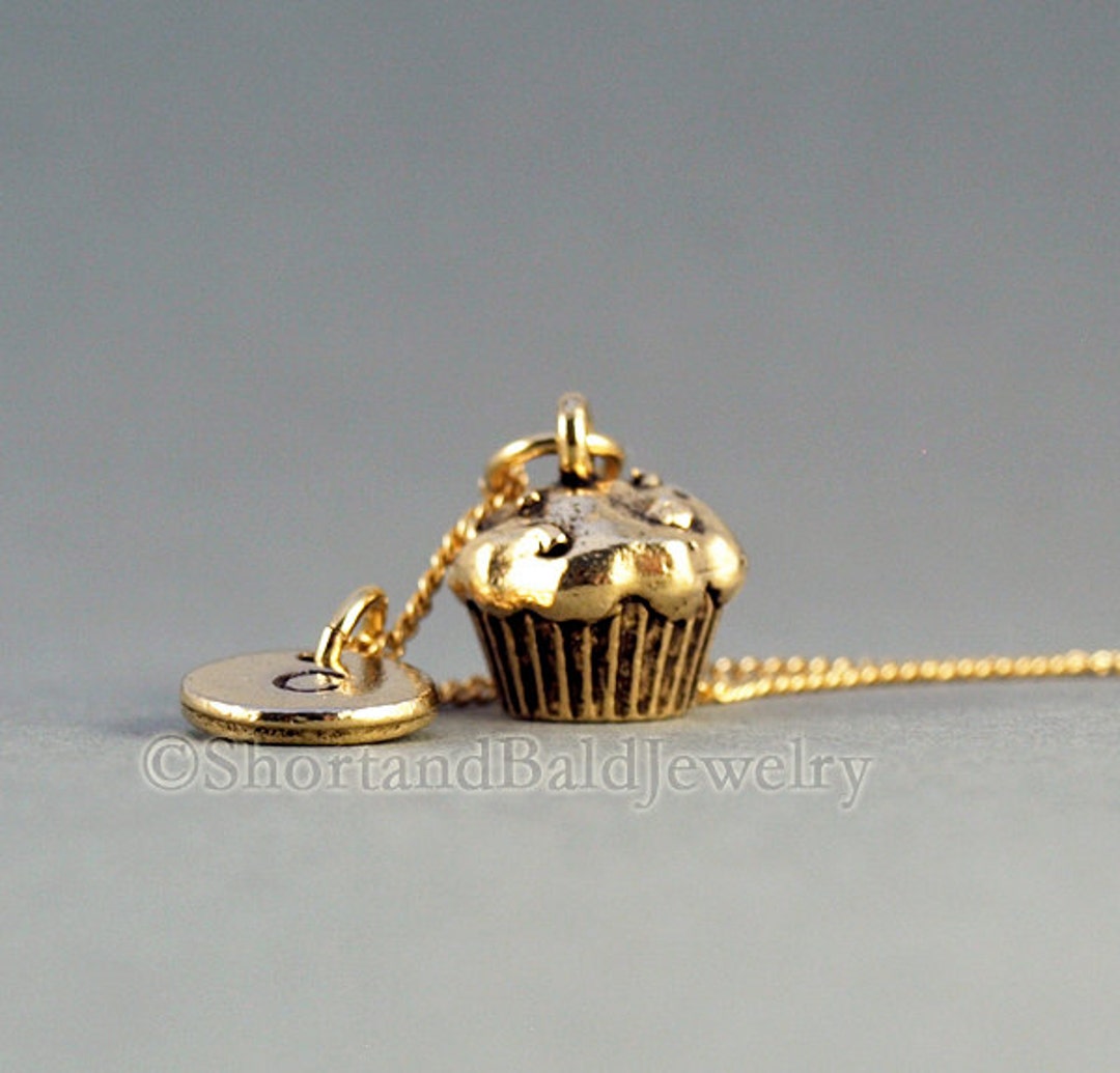 Cupcake Necklace, Muffin Necklace, Antique Gold, Initial Necklace ...