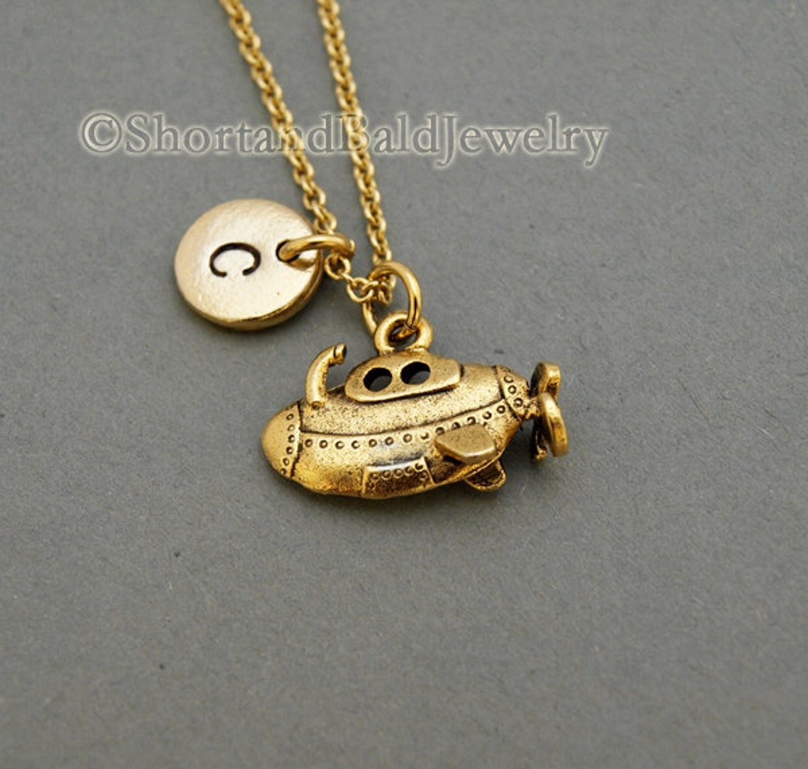 Submarine Charm Necklace, Yellow Submarine, Antique Gold, Initial ...