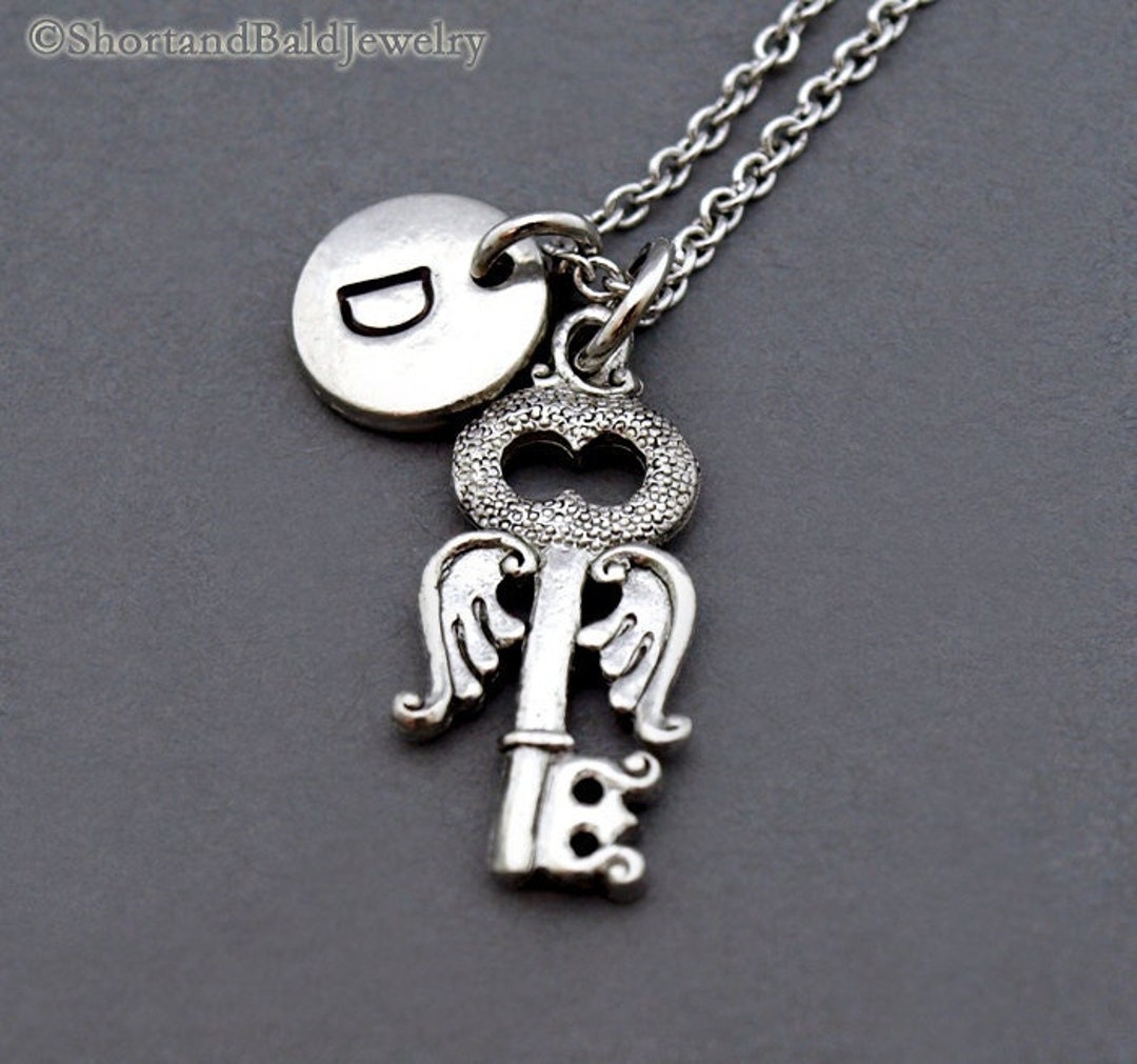 Angel Key Necklace, Antique Key, Angel Wings Key, Initial Necklace ...