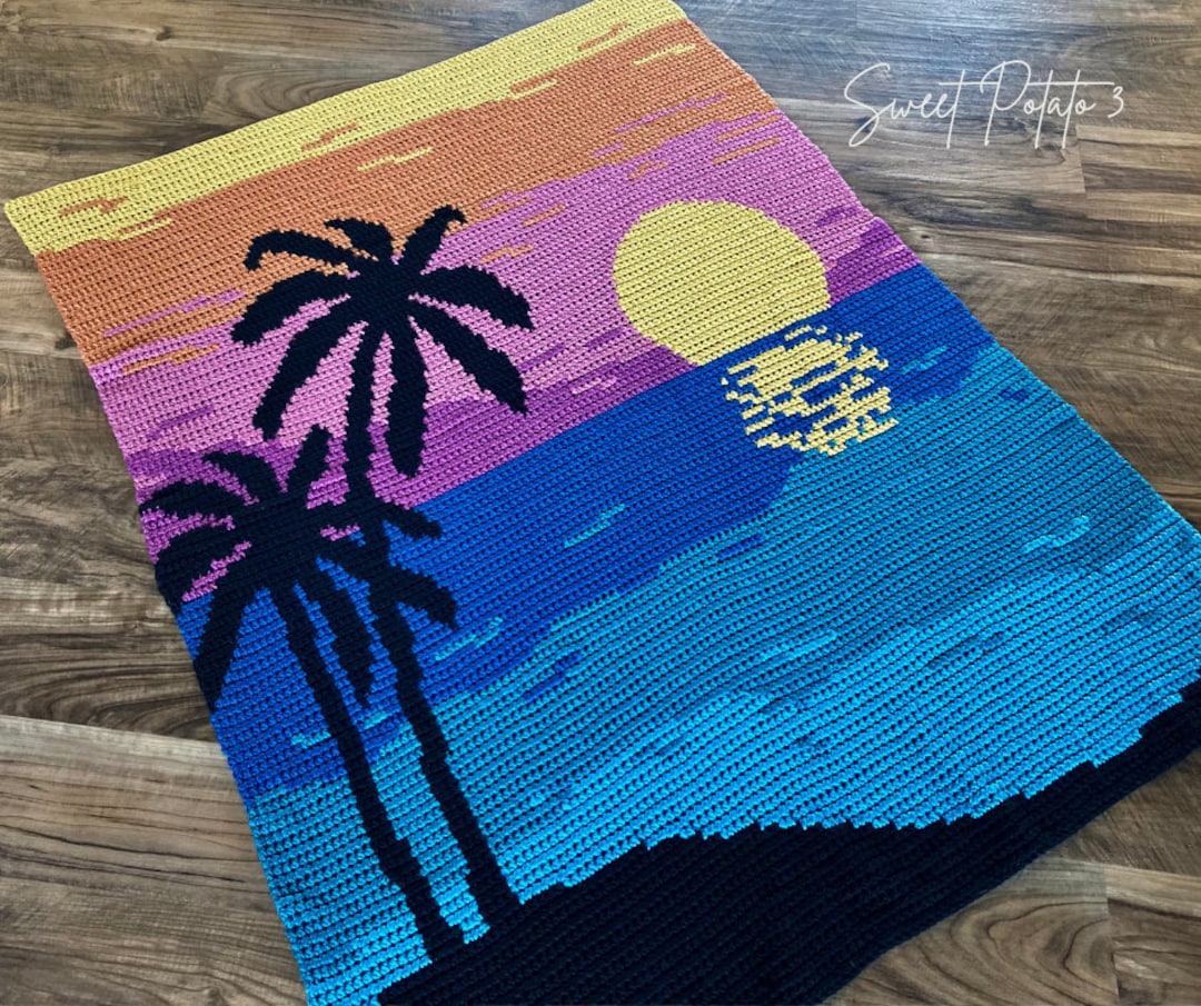 Tropical Sunset Crochet Blanket Pattern: Palm Tree Landscape (PDF ...