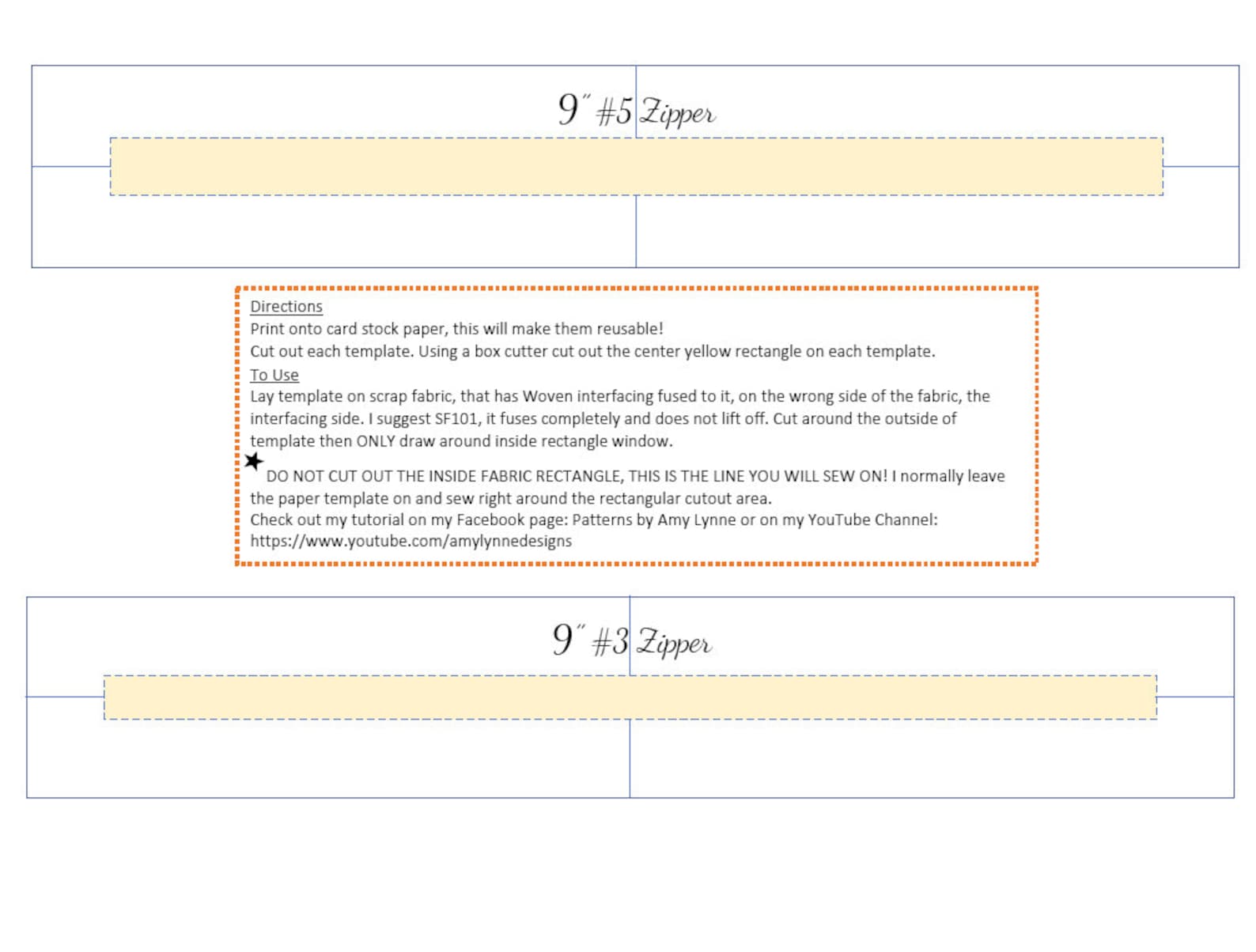 Template for 9" Zippers, #3 Zips and #5 Zips PDF, Digital File PDF ...