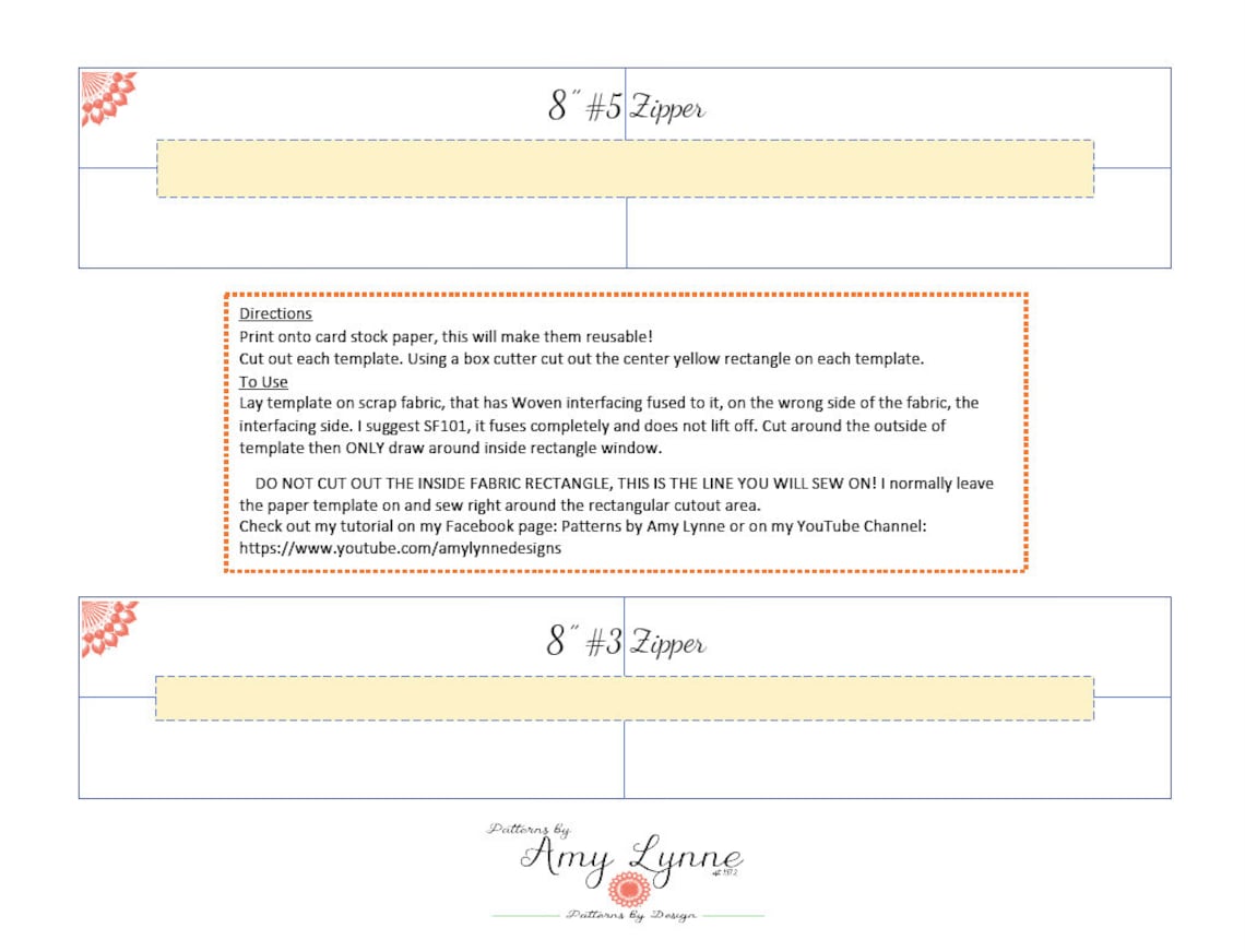 Template for 8" Zippers, #3 Zips and #5 Zips PDF, Digital File PDF ...