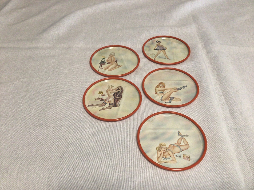 Vintage Risqué Tin Coaster Set X5 Pin up Girls Classic Poses Signed ...