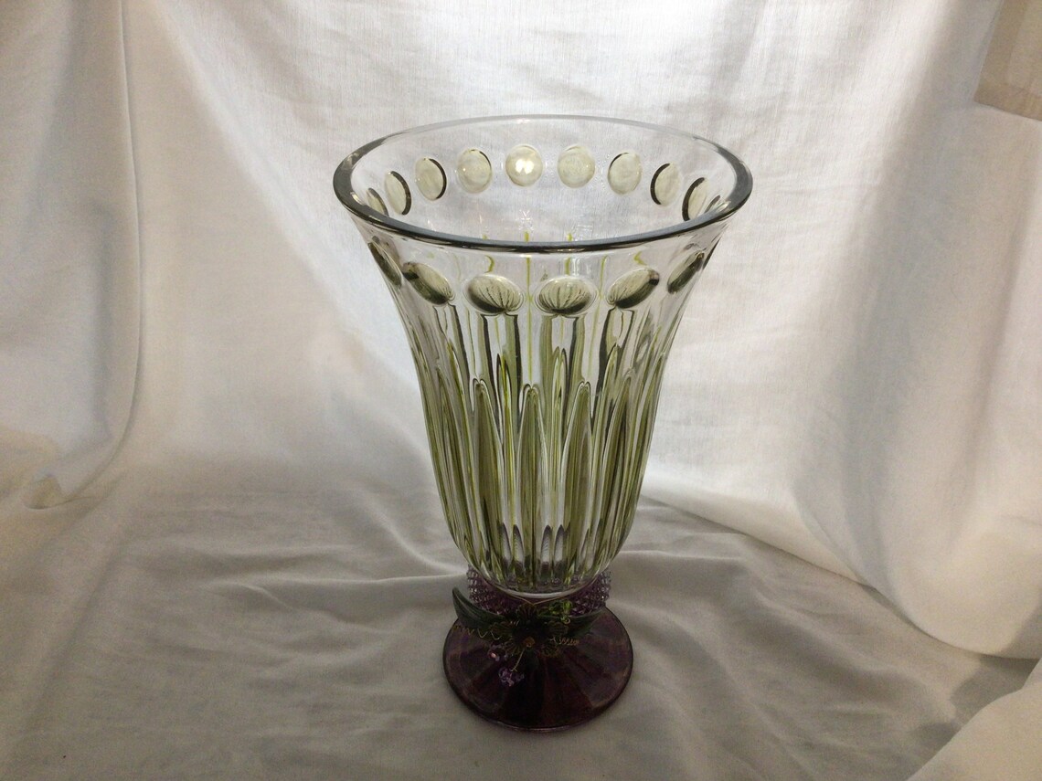 Vintage Monica Willard Vase Large Heavy Hand Painted Crystal in Green ...