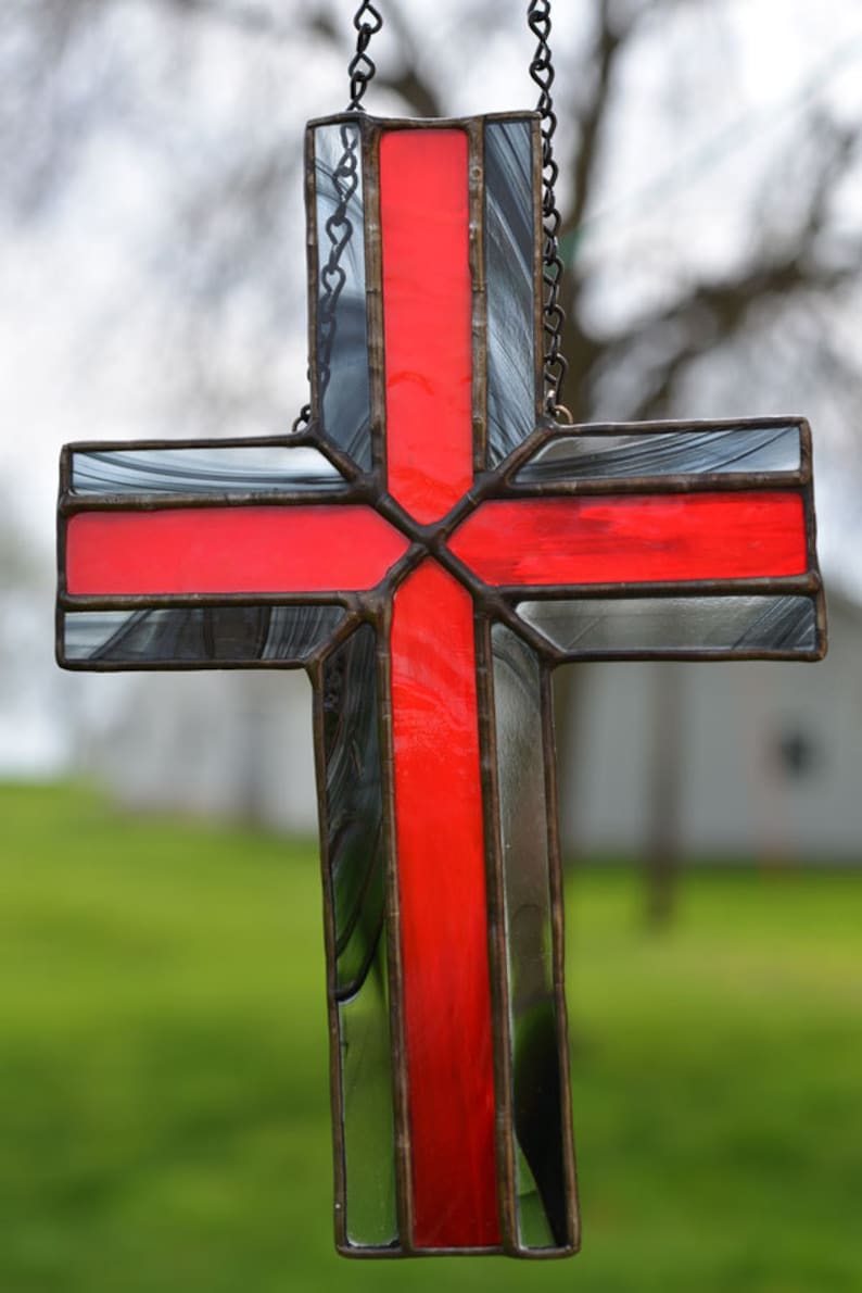 Cross Stained Glass Red Streak With Black and Clear Streak Glass ...