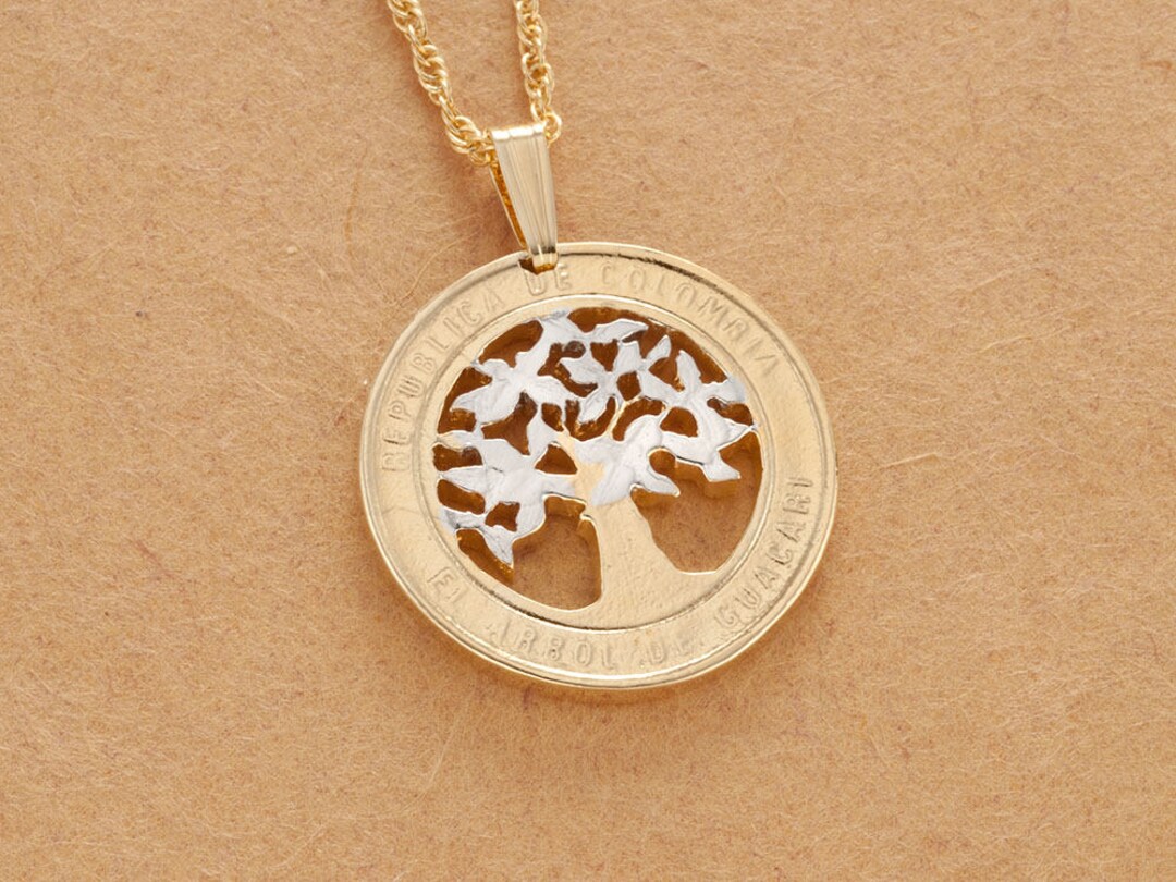 Hand Cut Guacari Tree Coin Pendant: 14K Gold Plated Colombia Necklace ...
