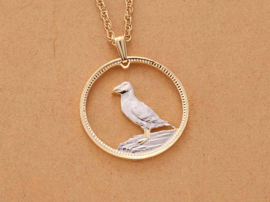 Puffin Pendant and Necklace, Lundy One Puffin Coin Hand Cut, 14 Karat ...