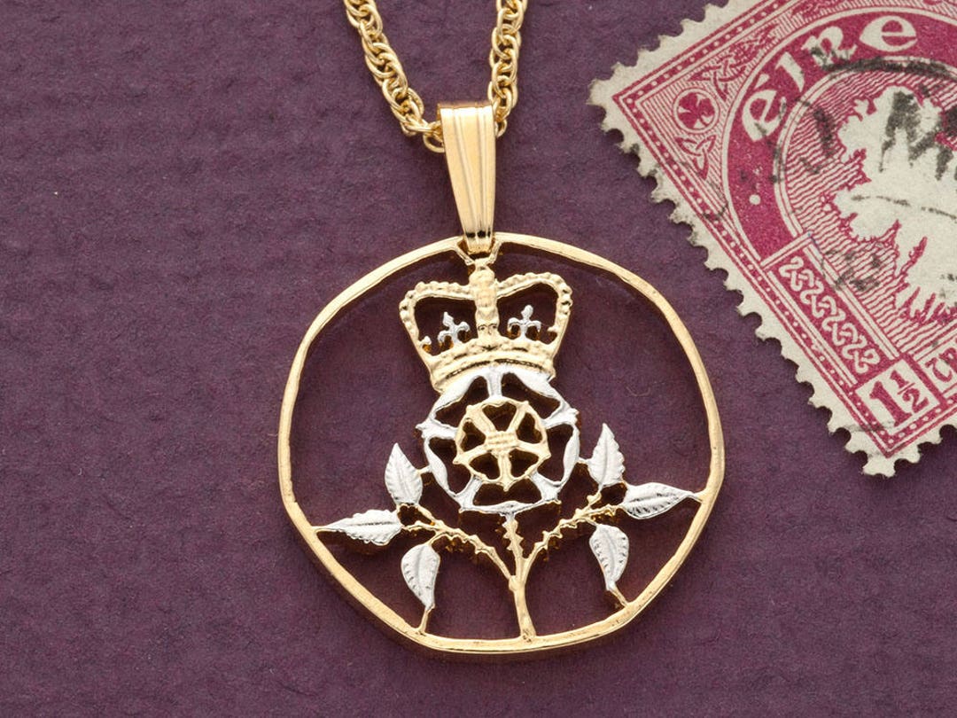 Great Britain Rose Pendant and Necklace, British 20 Pence Coin Hand Cut ...