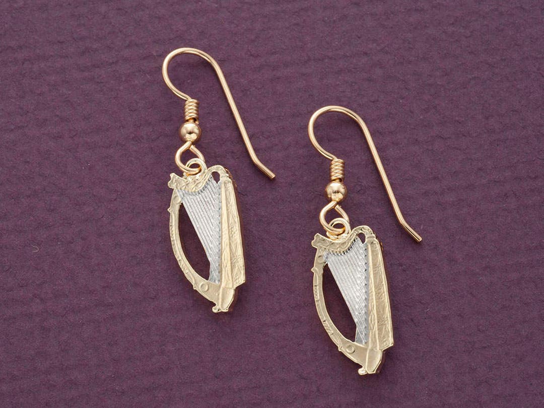 Irish Harp Coin Earrings: Hand Cut Ireland Shilling, 14K Gold Plated - Etsy