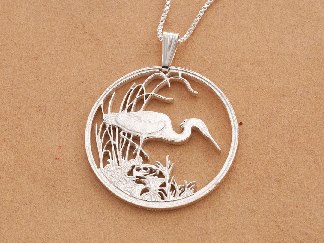 Sterling Silver Egret Pendant, Hand Cut Egret Coin Pendant, Silver ...