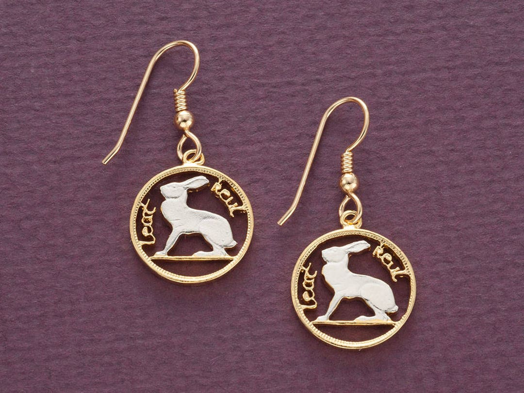 Irish Rabbit Coin Earrings, Ireland Three Pence Coin Hand Cut,14 Karat ...