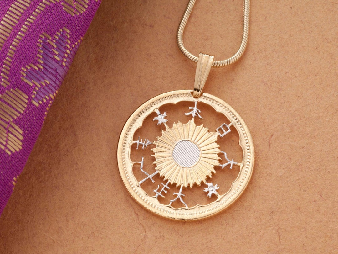 Japanese Pendant and Necklace Jewelry, Japan 50 Sen Coin Hand Cut, 14 ...