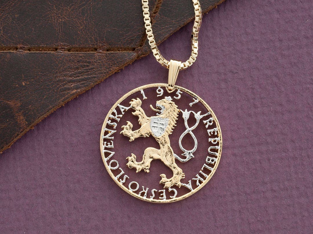Czech Lion Coin Pendant: 14K Gold Plated Necklace - Etsy