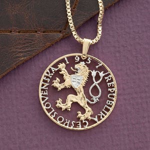 Czech Republic Lion Pendant and Necklace, Czechoslovakian Coin Hand Cut ...