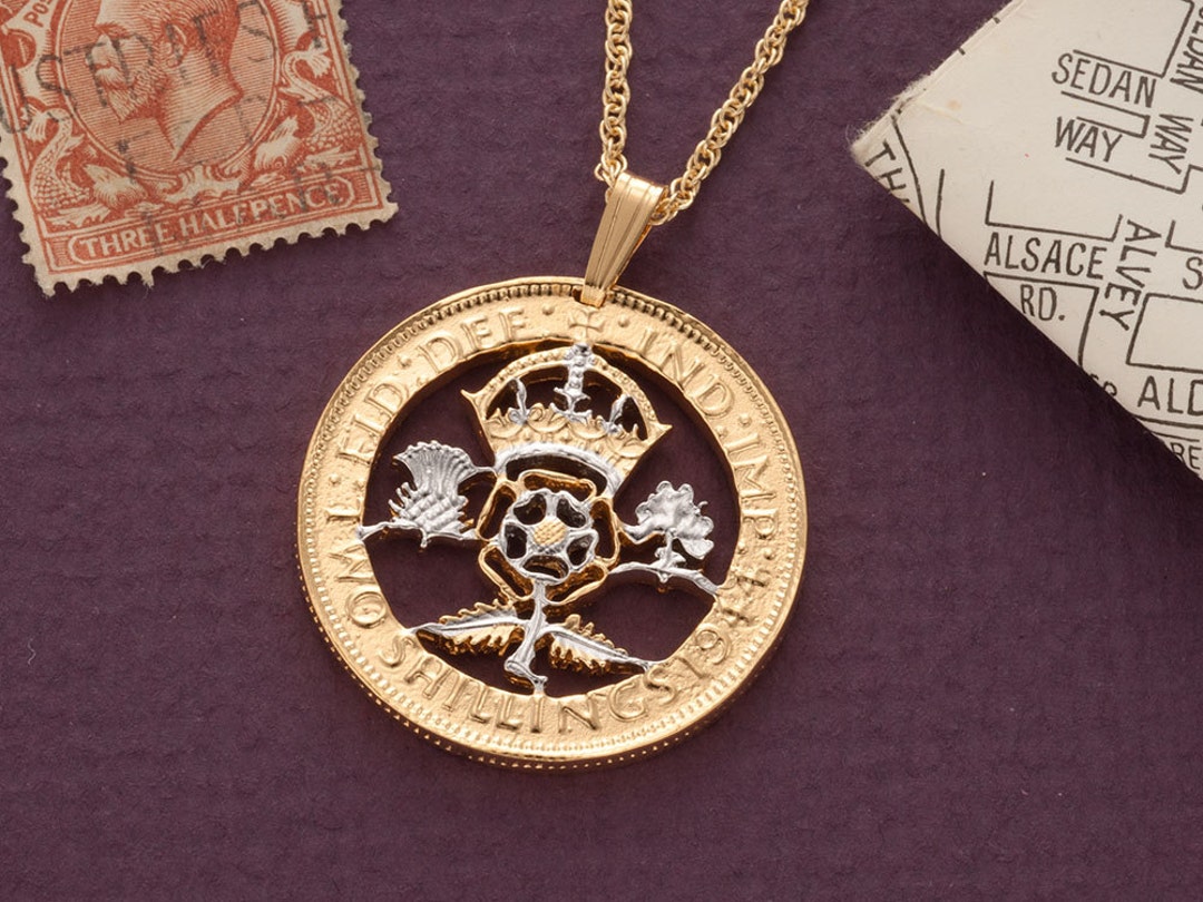 British Florin Coin Pendant: Hand Cut, 14K Gold Plated Necklace (R 885 ...